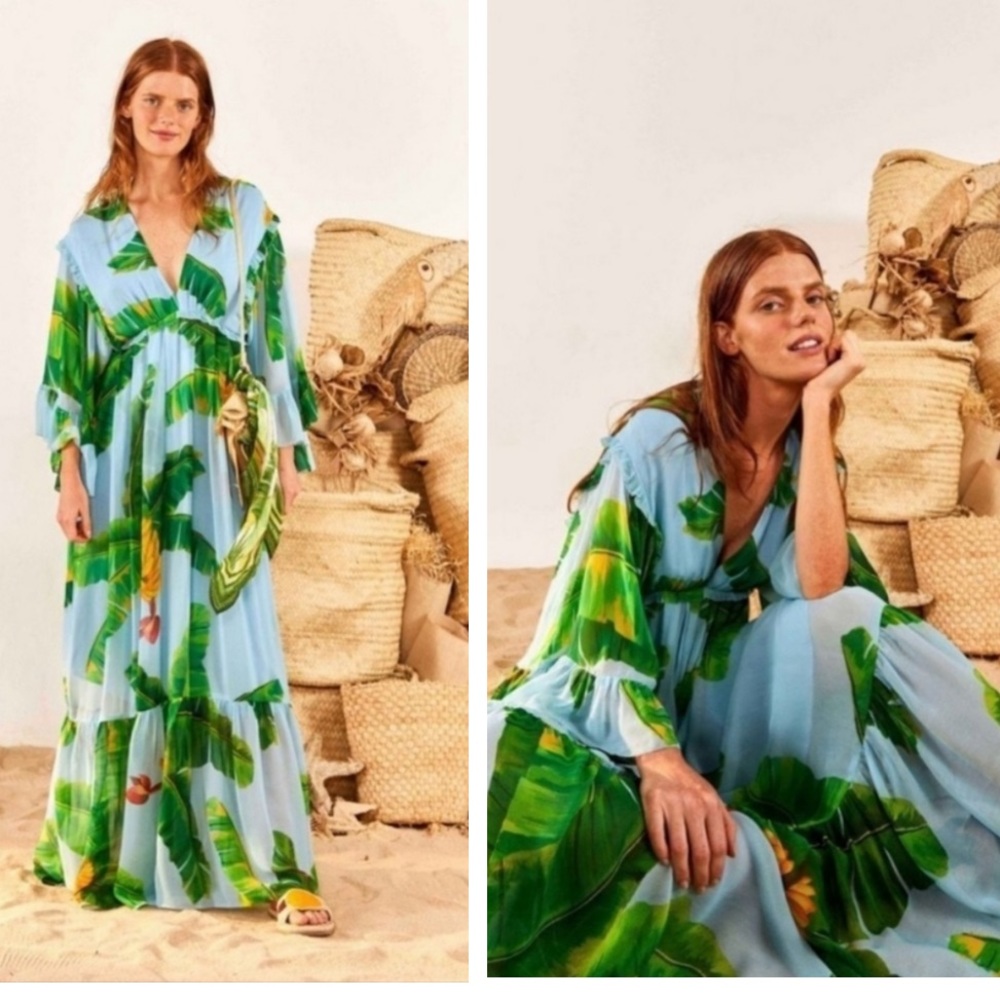 Farm Rio Blue Fresh Bananas Maxi Dress Size Small Nwot - Gem